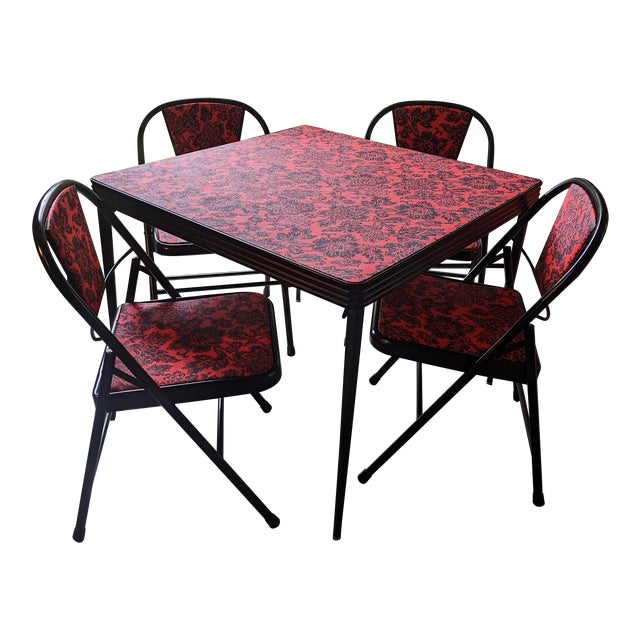 1970s Folding Card Table with Upholstered Chairs - Set of 5 | Chairish