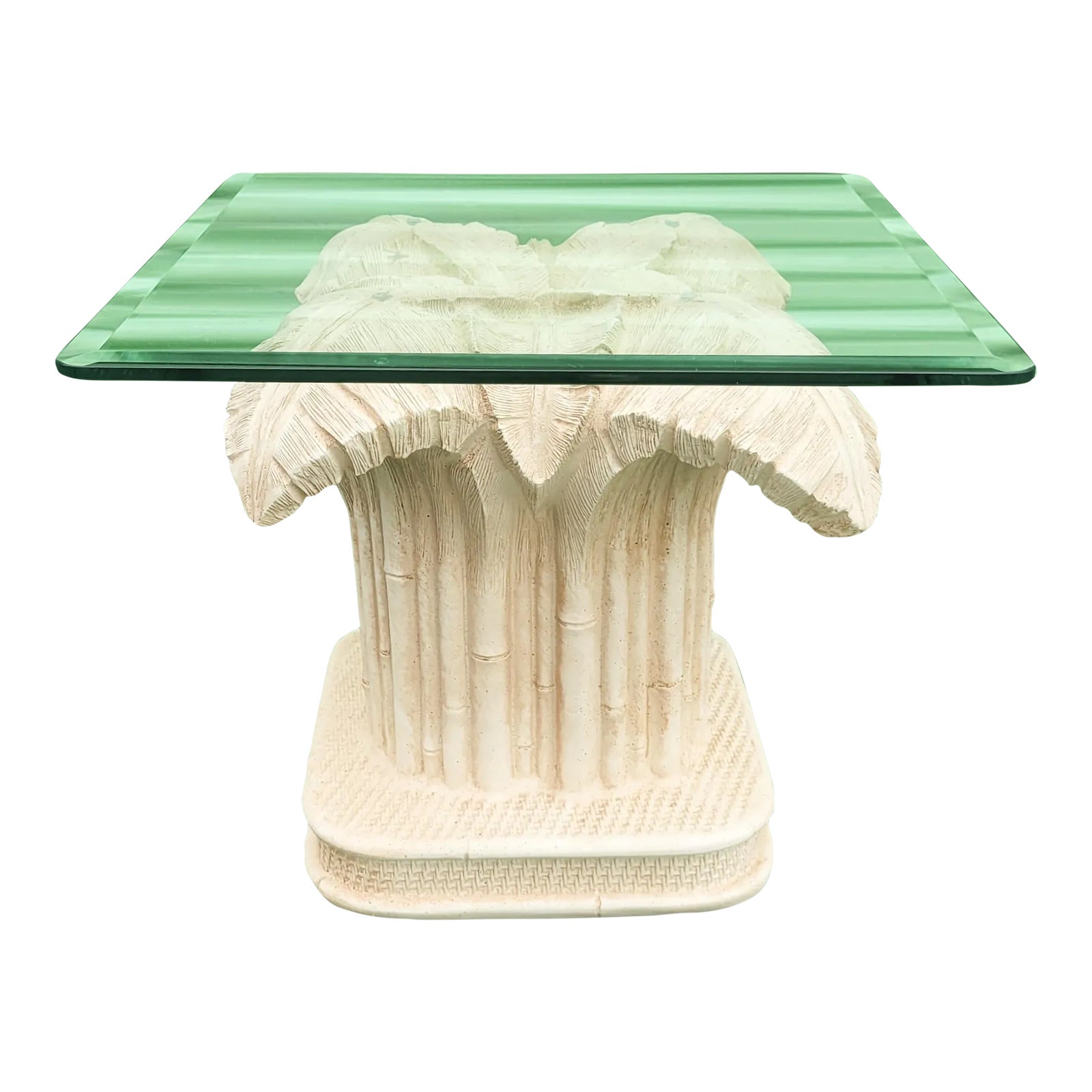 Vintage Plaster Cream Palm Beach Regency Leaf Palm Glass Top Side Table ...