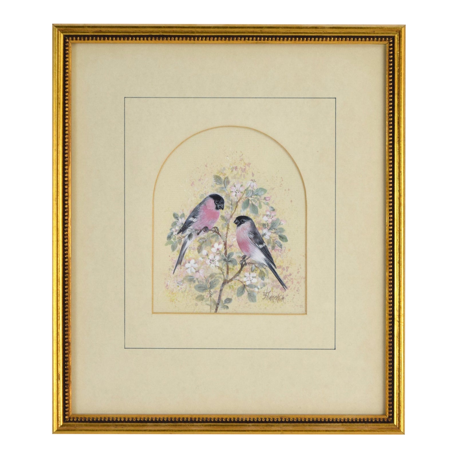 Diane Elson Rendered Miniature Painting of Birds Among Blossoms | Chairish