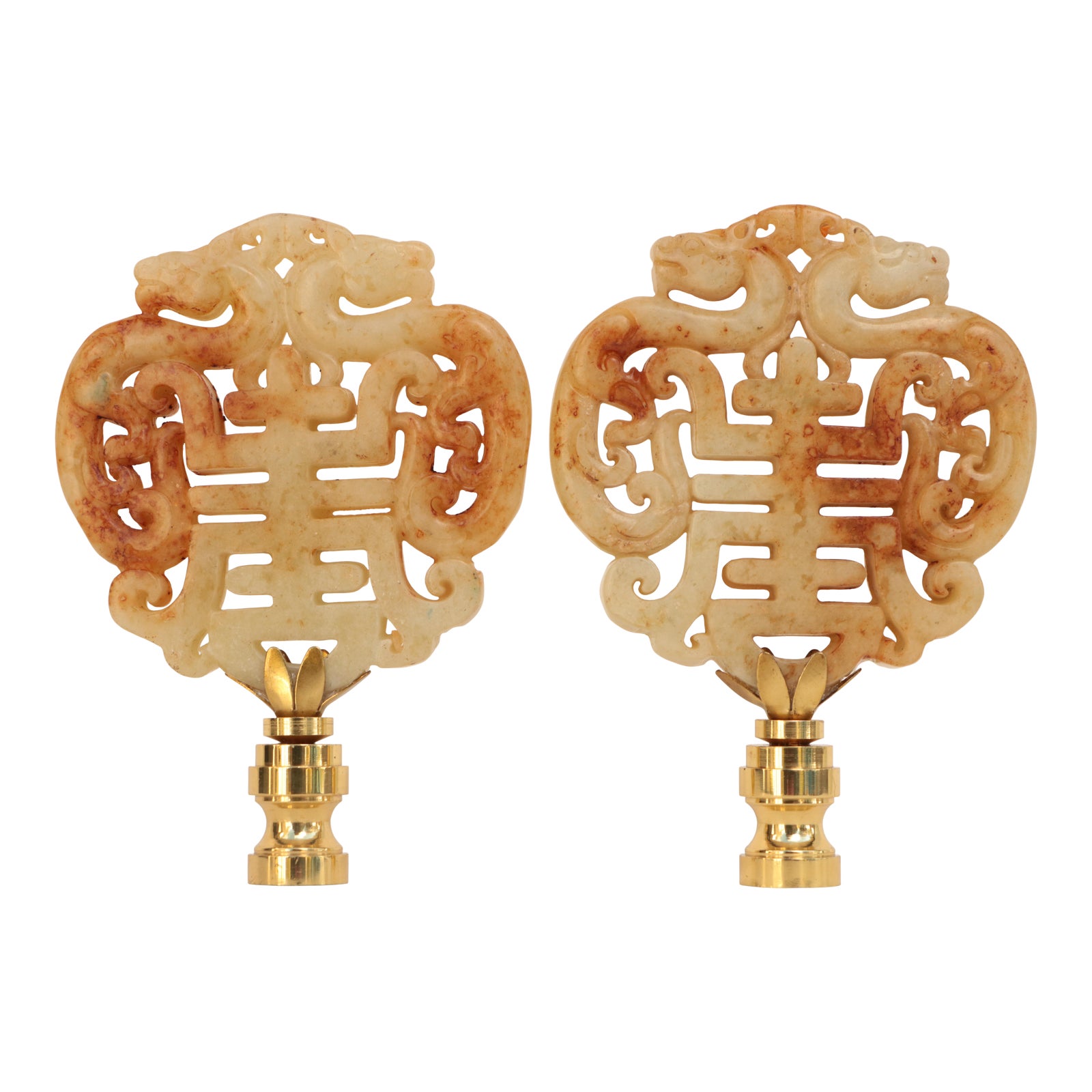 Chinese Longevity Symbol Lamp Finials on Brass Hardware - a Pair | Chairish