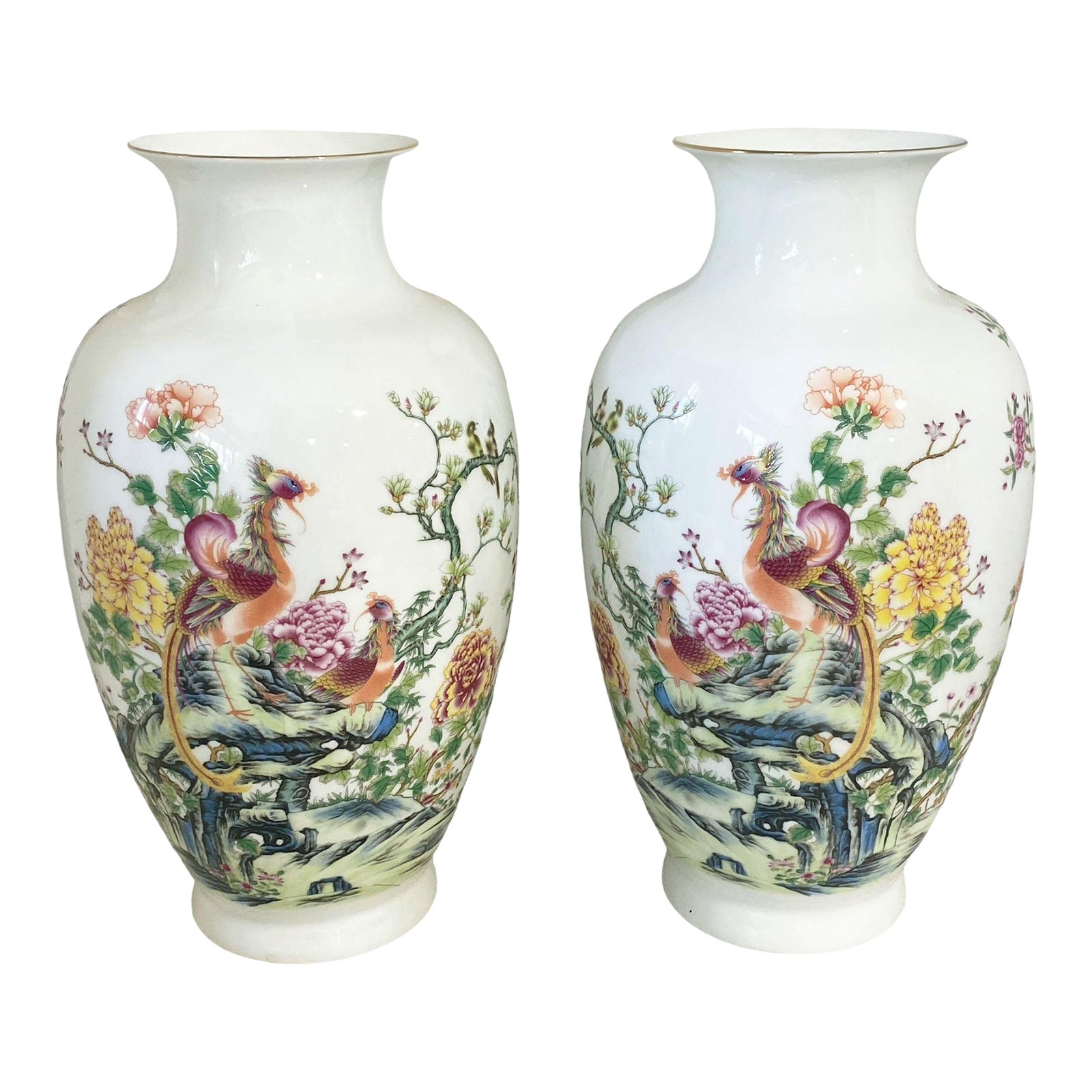 Chinoiserie Pair of Porcelain White Egg Shell Vases 14" H | Chairish