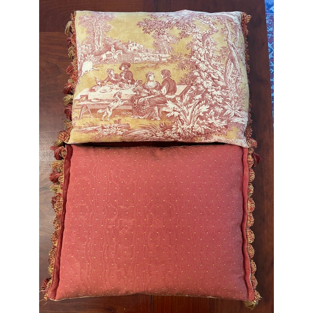 Pair of French Country Toile Pillows With Fringe Tassels | Chairish