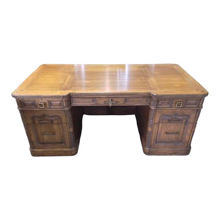 Romweber Carved Viking Oak 72" Executive Desk - Mid 20th Century | Chairish