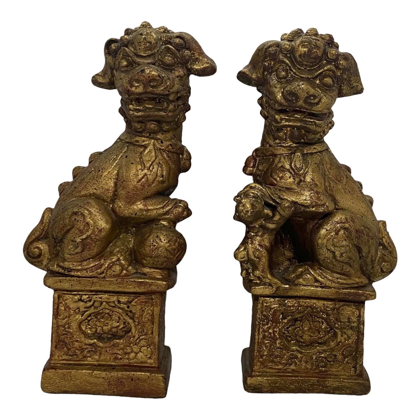 Vintage Brushed Gold Foo Dog Chinese Imperial Guardians Lion Statutes ...