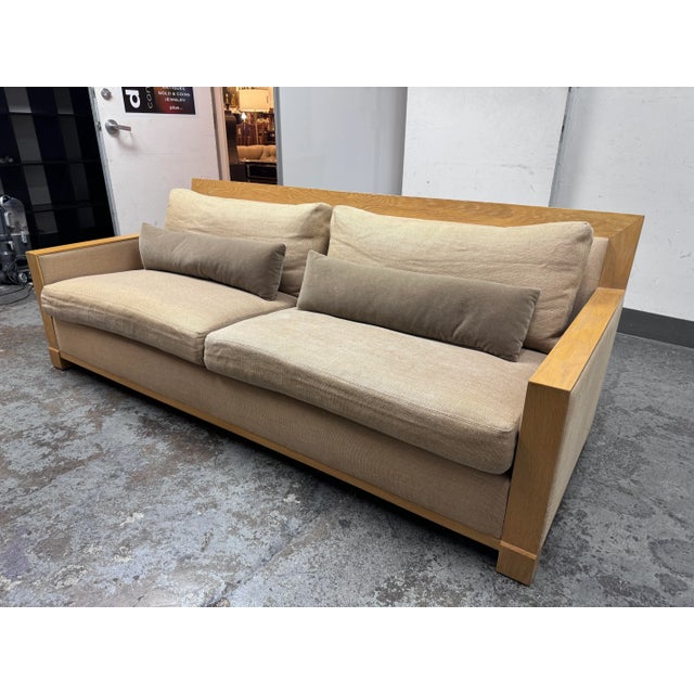 Ted Boerner Portrait Linen & Oak Wood Sofa | Chairish
