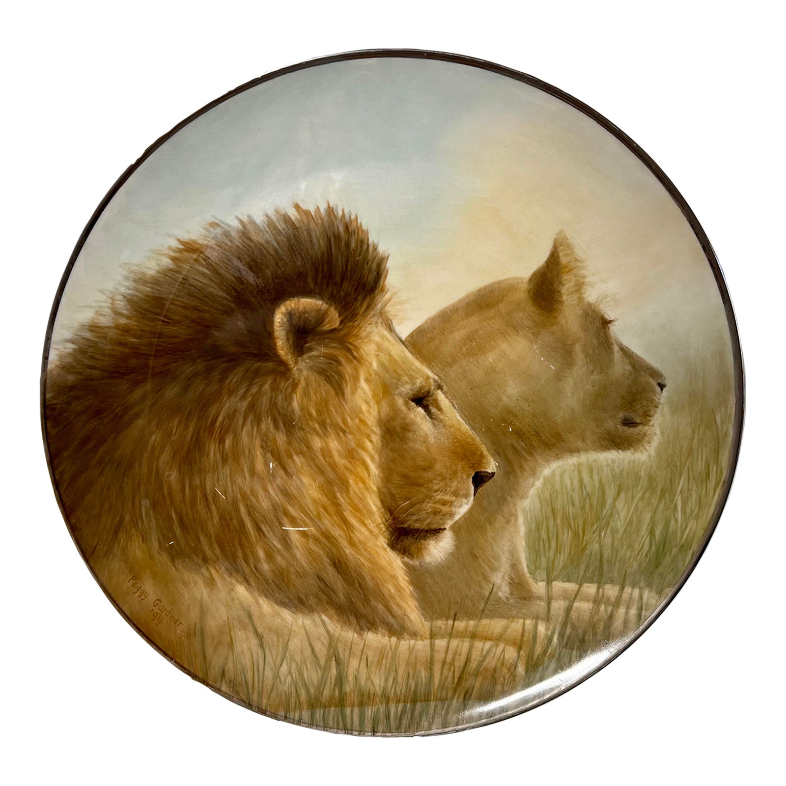 1990s Hand Painted Lion & Lioness on Charger Plate by Peggy Gardner ...