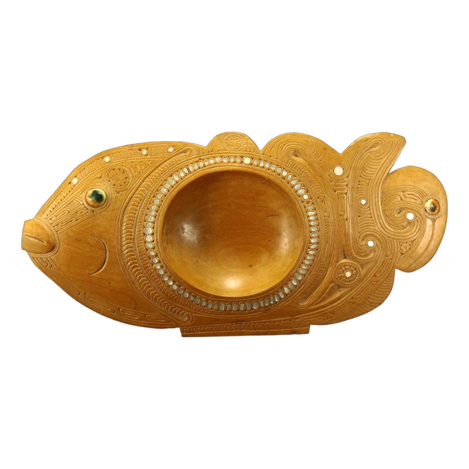 Early 1900's Fish Shaped Bowl Maori Wood Carving With Mother of Pearl ...