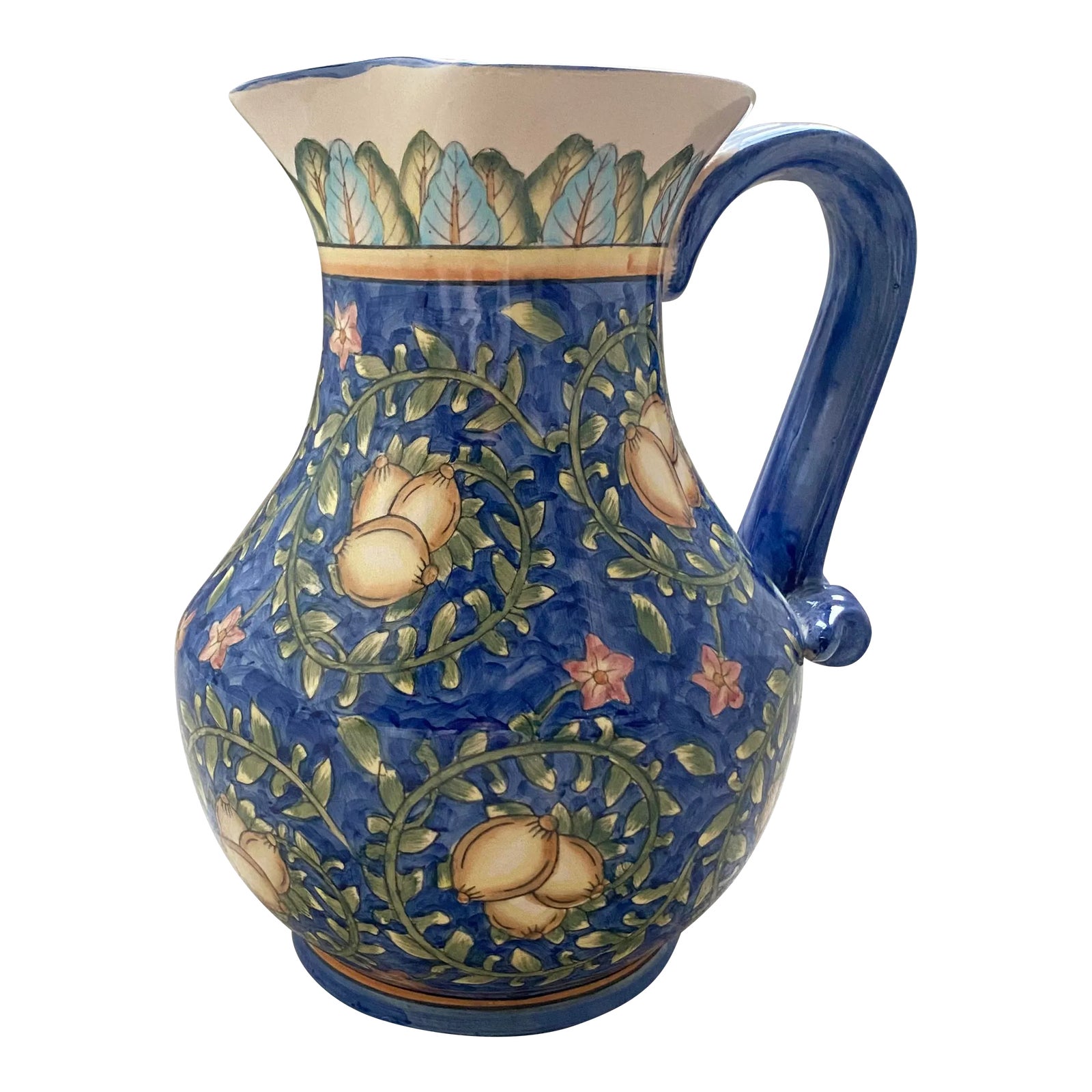 Vintage 1990s Blue Ceramic Italian Hand Painted Pitcher | Chairish