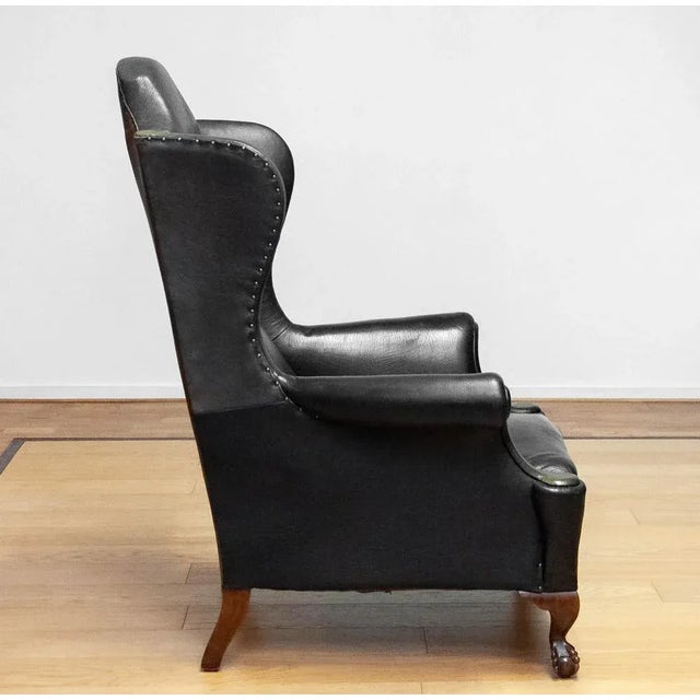 19th Century Black Leather Chippendale Wingback Chair with Claw and ...