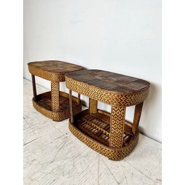 Vintage Woven Pencil Reed Rattan Side Tables- a Pair | Chairish