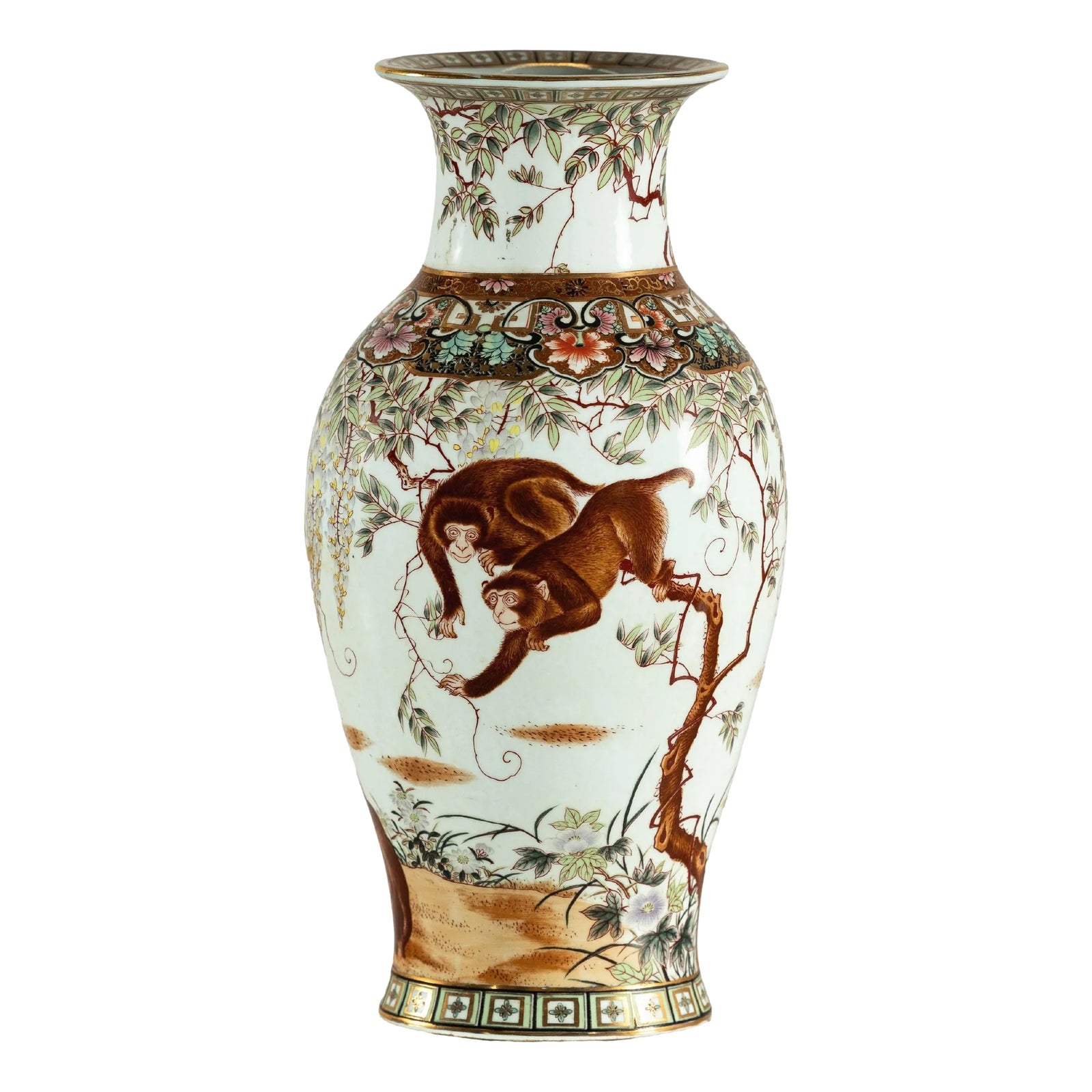 Porcelain Baluster Shaped Vase with Hand-Painted Monkeys and Floral ...
