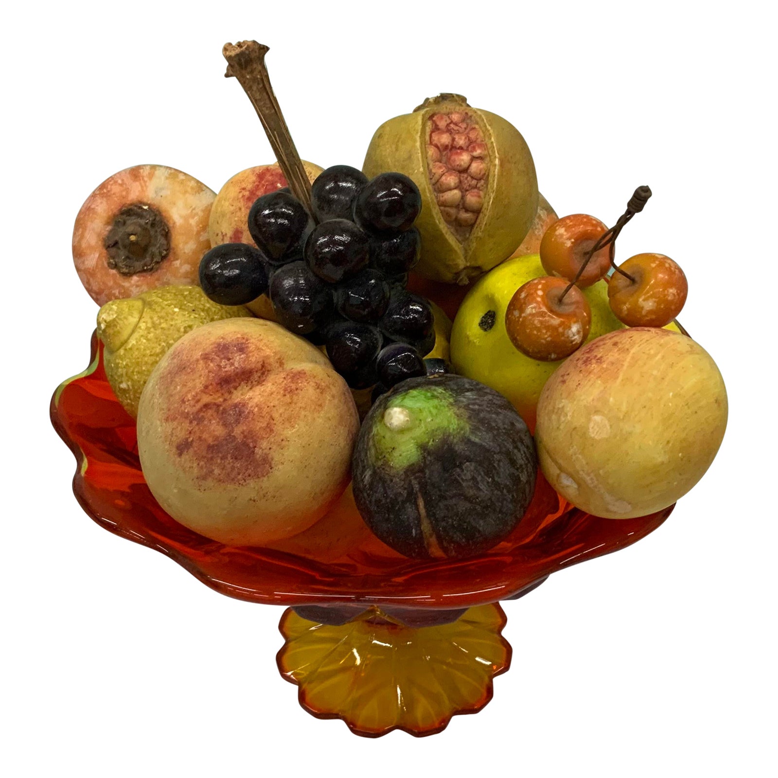 1950s Italian Carved Marble Fruits Hand Painted in Red Footed Bowl ...
