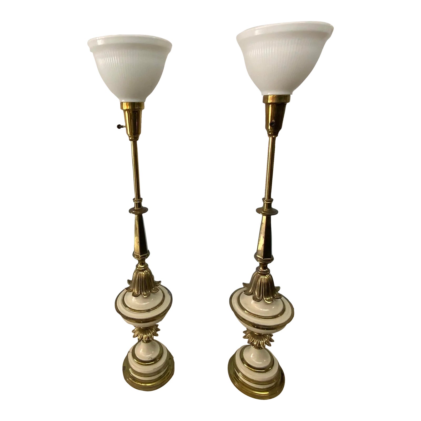 1960s Stiffel Brass and Enamel Torchiere Table Lamps - a Pair | Chairish
