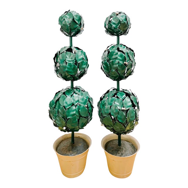 Tall Mid-Century Italian Green Tole Three Ball Potted Topiaries - a ...