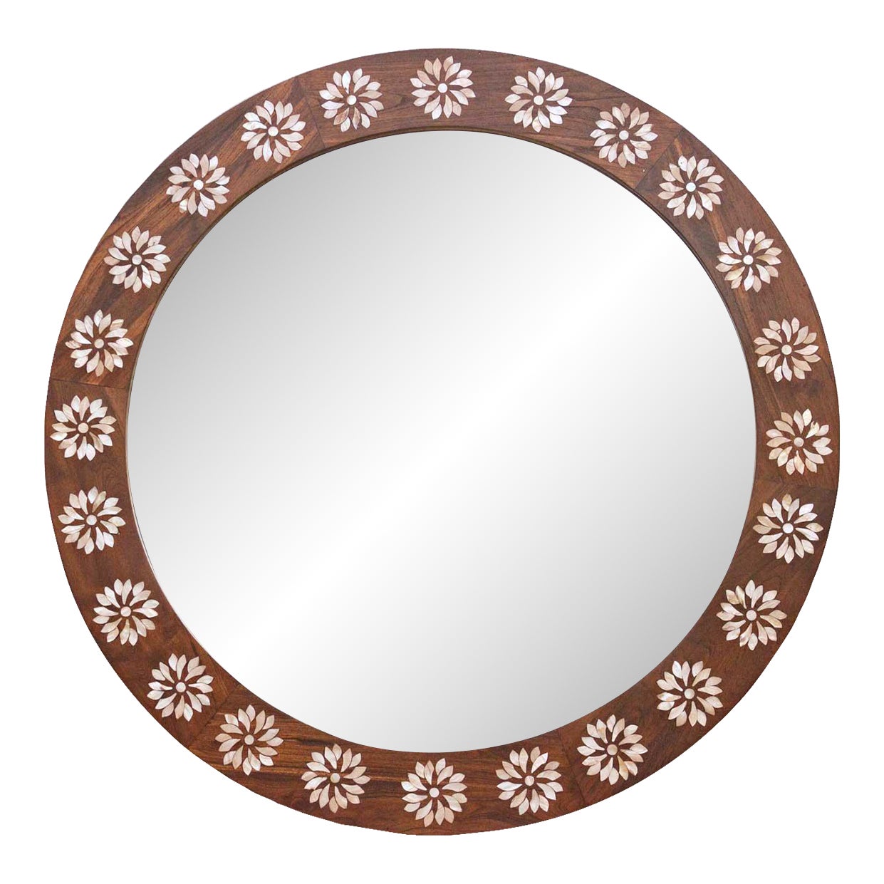 Large Brown Walnut Blossom Inlay Round Mirror | Chairish