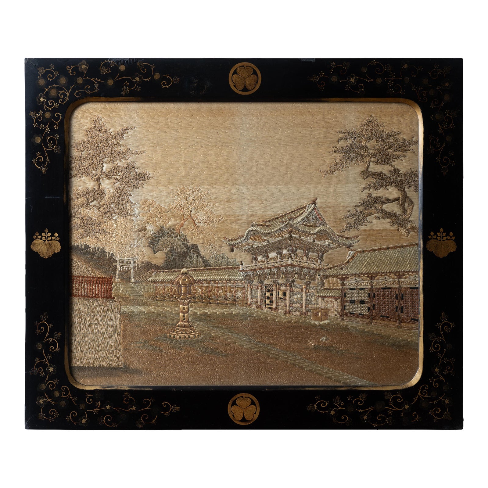 Japanese Silk Embroidery in Lacquer Frame, C.1890 | Chairish