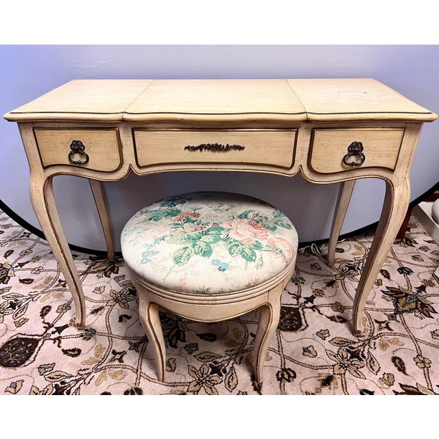 Vintage Henredon Cream Painted Vanity Desk and Stool 2 Pcs | Chairish