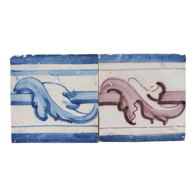 18th Century Antique Ribbon Floral Baroque Tiles - Set of 2 | Chairish