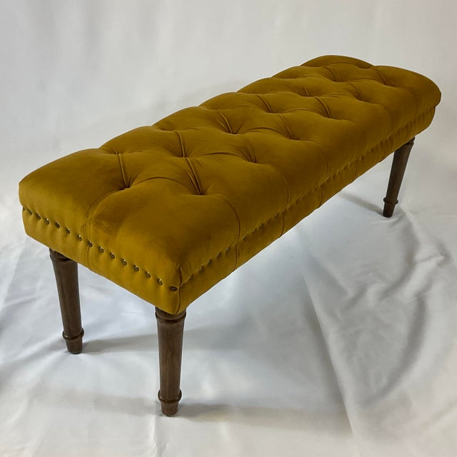 Vintage Traditional Tufted Velvet Bench in Mustard With Nailhead ...