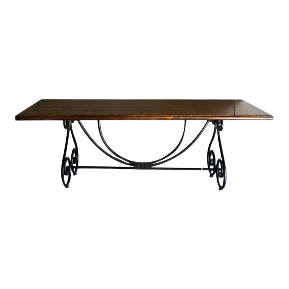 Ebony Metal and Brass Scroll Base Dining Table Wood Top Baroque Style ...