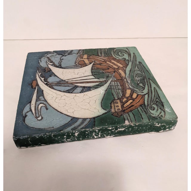 Early 20th Century Grueby Viking Ship Earthenware Tile | Chairish