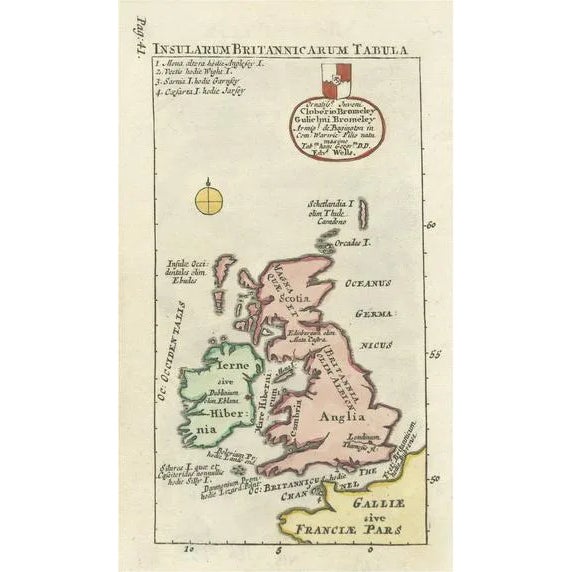 Small Map of the British Isles with Hand Coloring, 1704 | Chairish