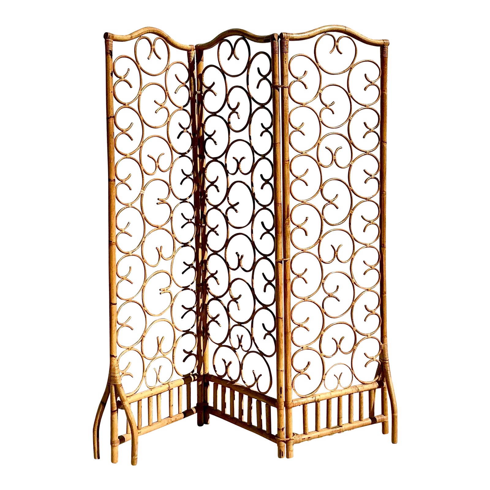 Vintage Coastal Scroll Rattan Folding Screen | Chairish