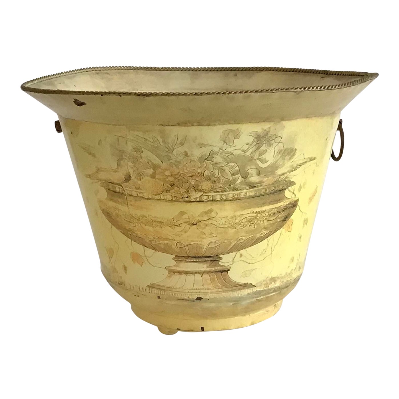 French Yellow Tole Cachepot With Drawings | Chairish