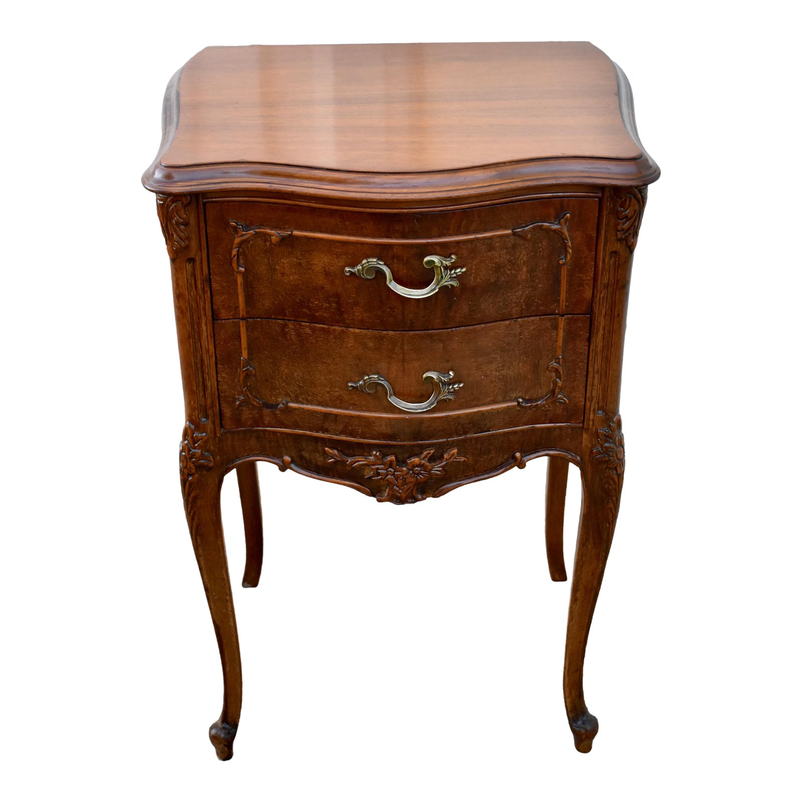 Vintage Two Drawer Burl & Walnut French Style Nightstand | Chairish