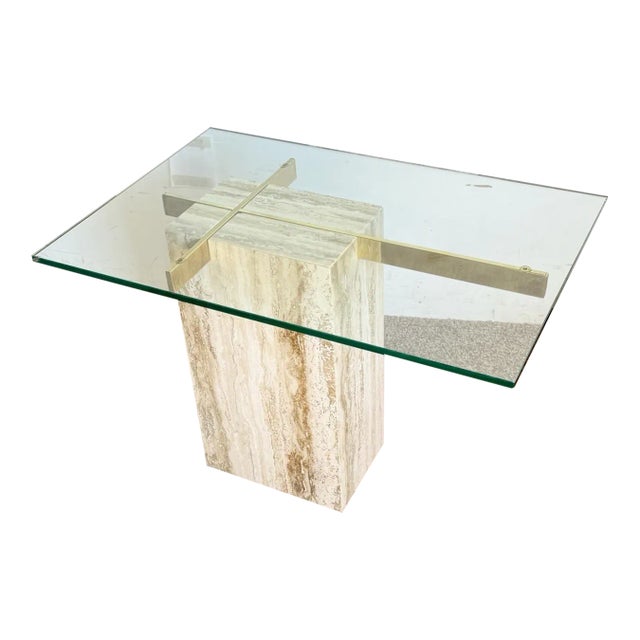 Postmodern Glass Top and Gold Travertine Side Table | Chairish