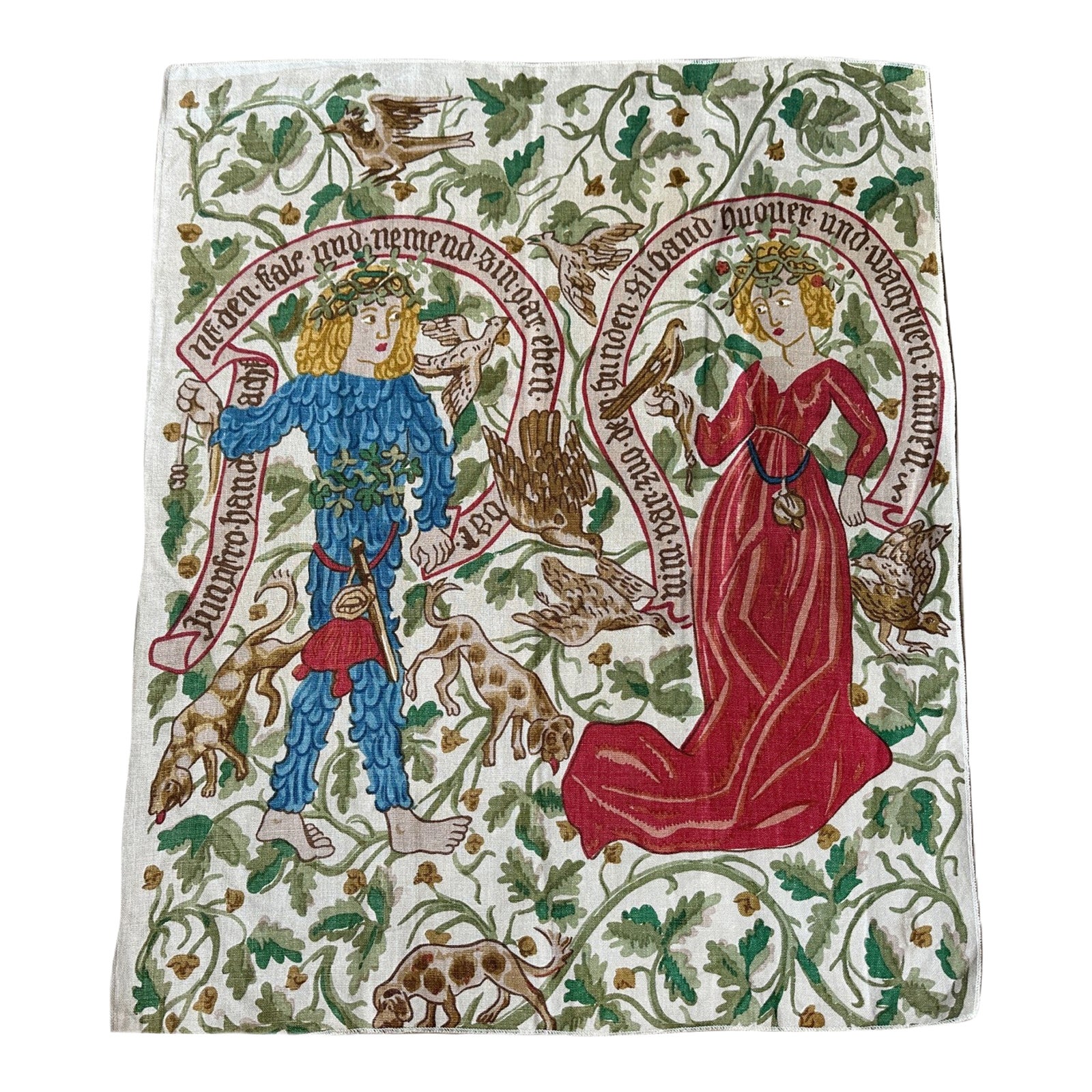 Vintage Medieval Wild Man With Maiden Print on Linen Wall Hanging ...