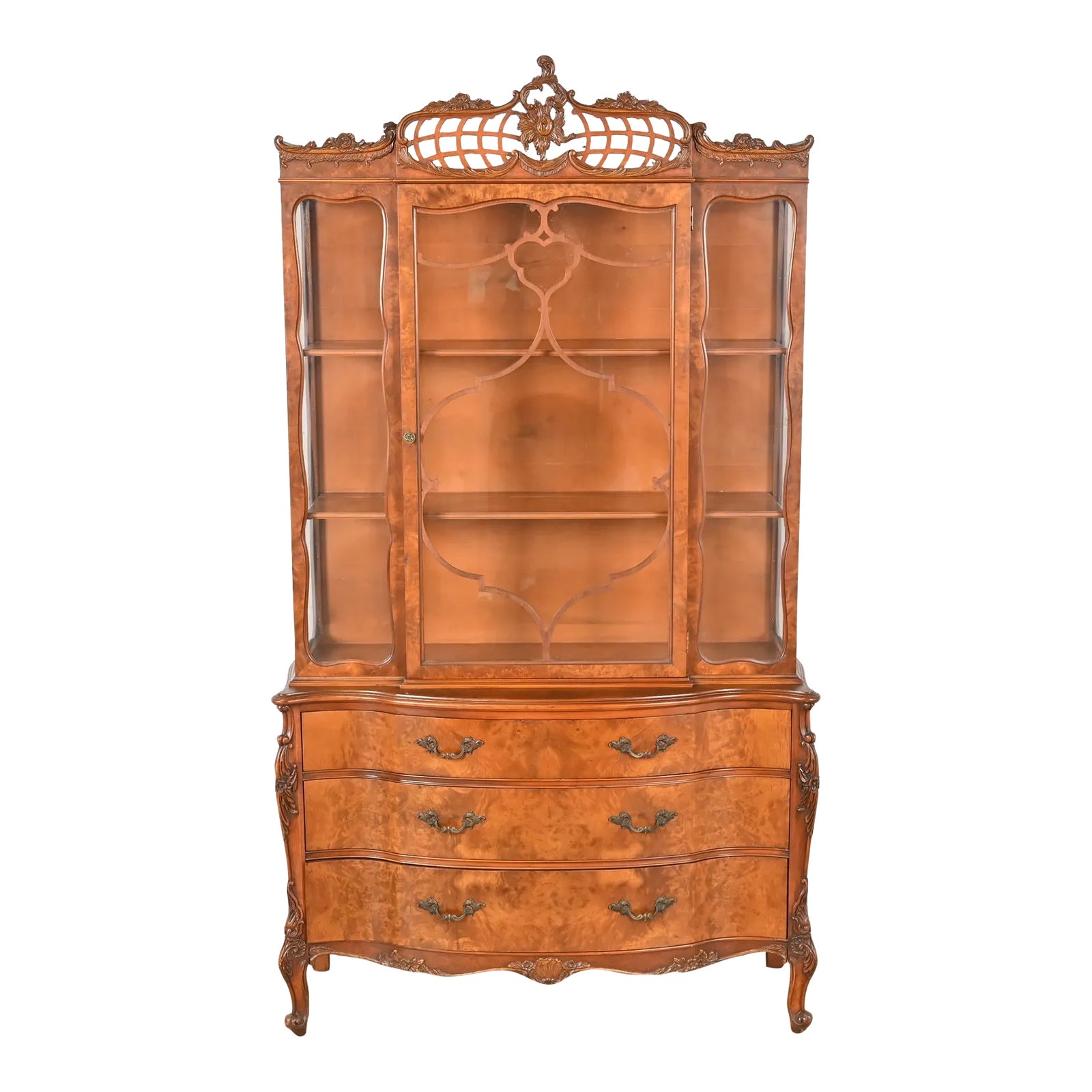Romweber French Provincial Louis XV Burl Wood Breakfront Bookcase ...