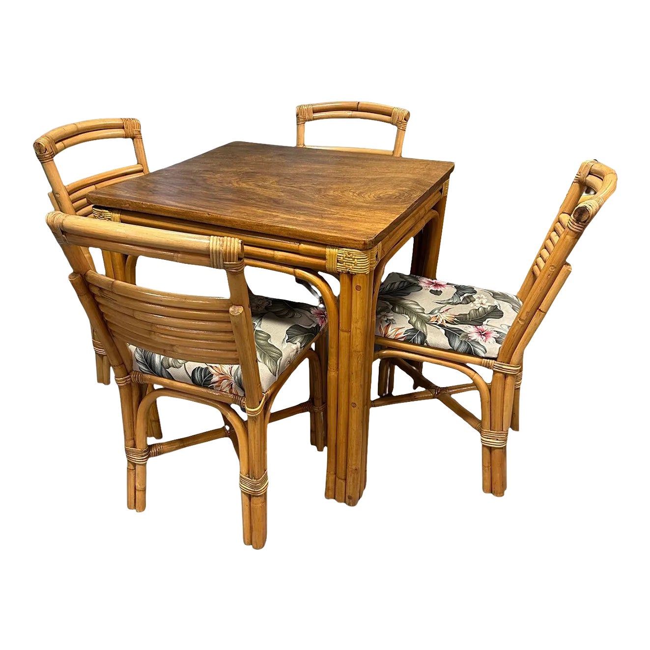 Mid 20th Century Restored Rattan Square Koa Wood Dining Table With ...