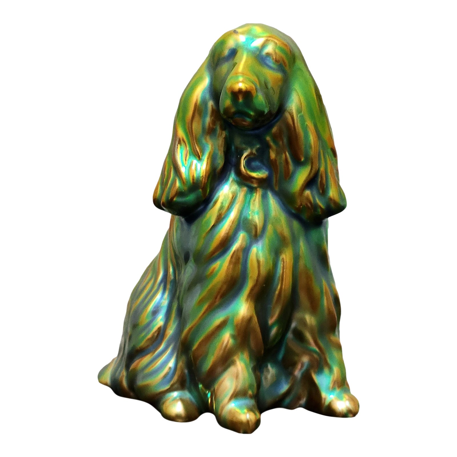 1980s Zsolnay Eosin Dog Cocker Spaniel Green Bronze Hungarian Art ...