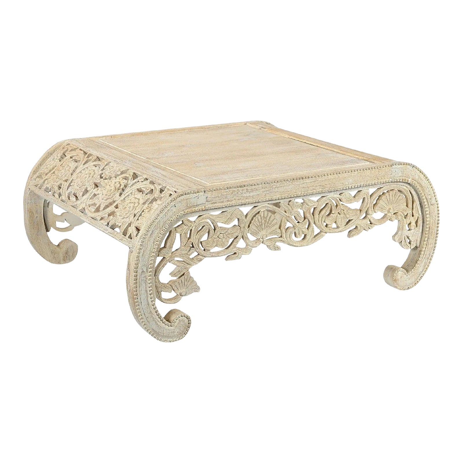 Carved Lattice Scroll Legs Coffee Table in White Washed Finish | Chairish