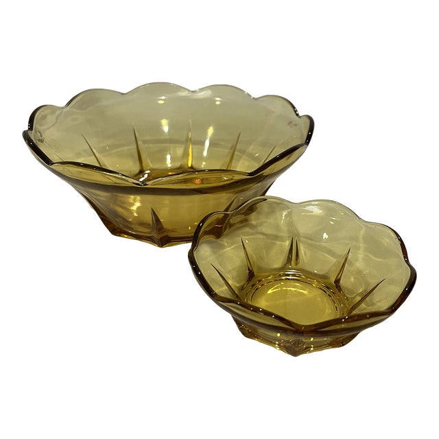 Vintage Amber Bowl Set - Scalloped Edges - 2 Pieces in Set | Chairish