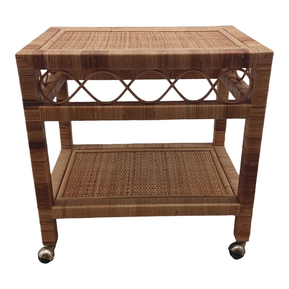 Mid 20th Century Vintage Rattan Side Table /Cart on Casters | Chairish