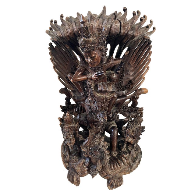 Vintage Hand Carved Wood Sculpture of Lord Vishnu Riding Garuda 19" H ...