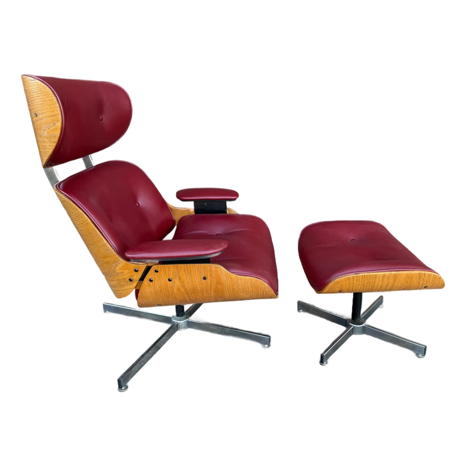 Vintage Selig Red Leather Oak Lounge Chair | Chairish