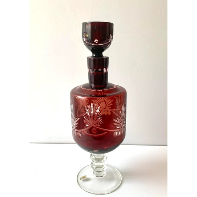 Large Vintage Ruby Red Hand Cut Glass Wine Decanter | Chairish
