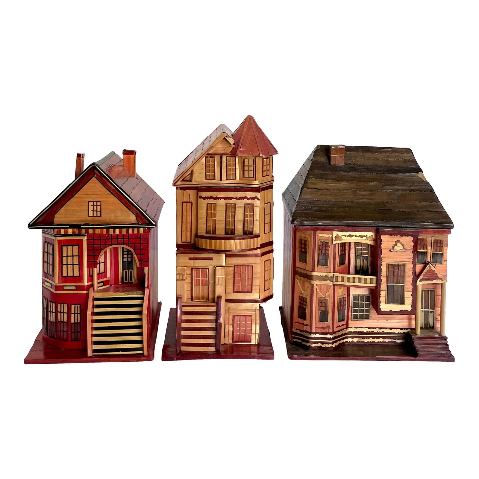 1960's Set of 3 Straw San Francisco Trinket Lidded Houses | Chairish