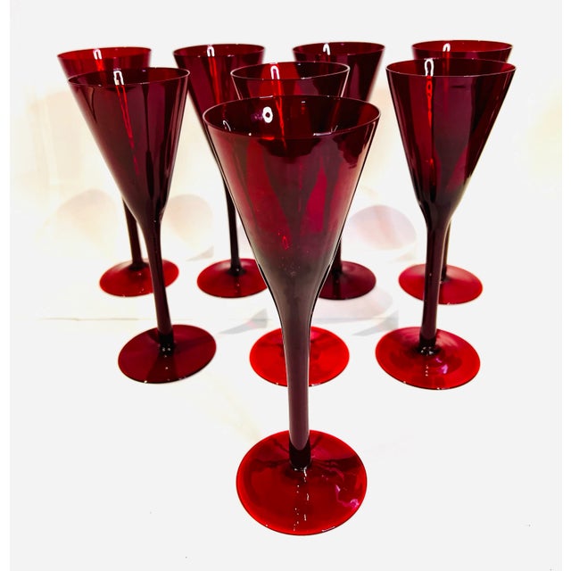 Set of 8 Deep Ruby Red Wine Glasses Water Goblets Stemware | Chairish