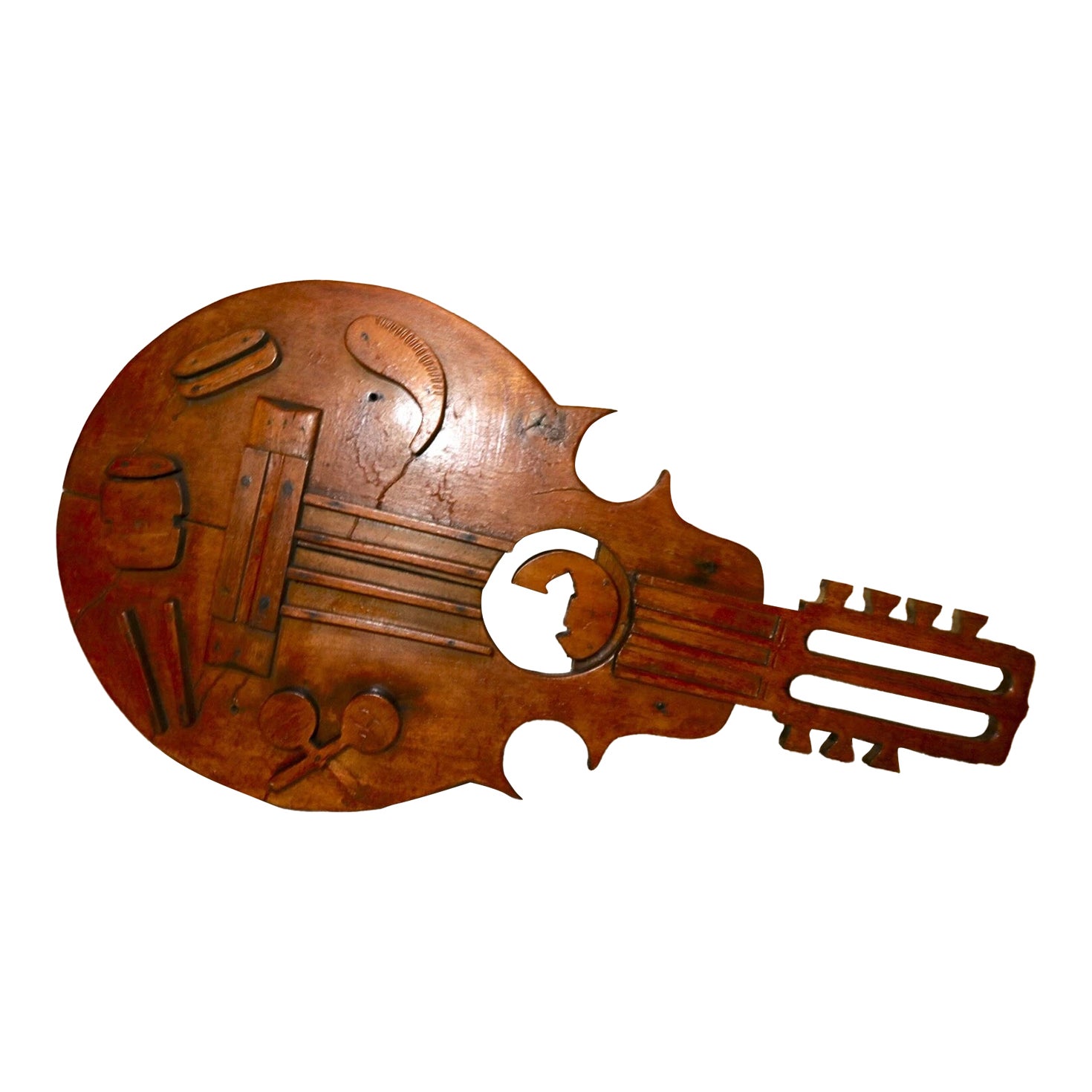 Huge 3.5 Foot Antique Hand Carved Wood Folk Art Guitar Music Bar Wall ...