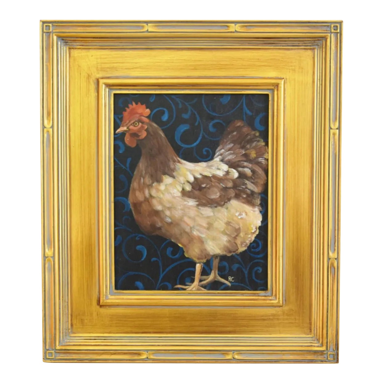 Original Vintage Hen Chicken Oil Painting Including the Antiqued Gold ...