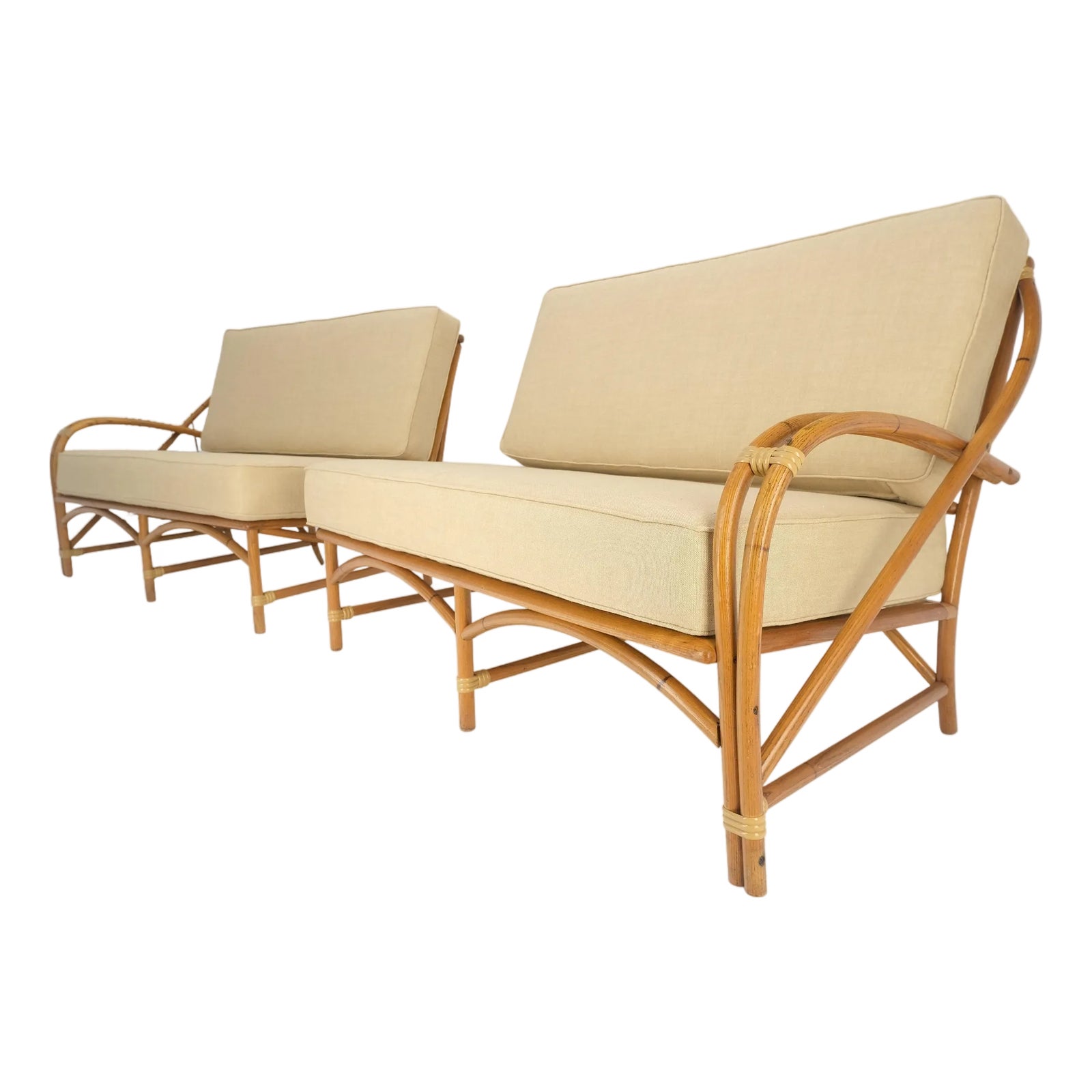 New Gold Linen Upholstery Bamboo 2 Part Sectional Sofa c1970s | Chairish