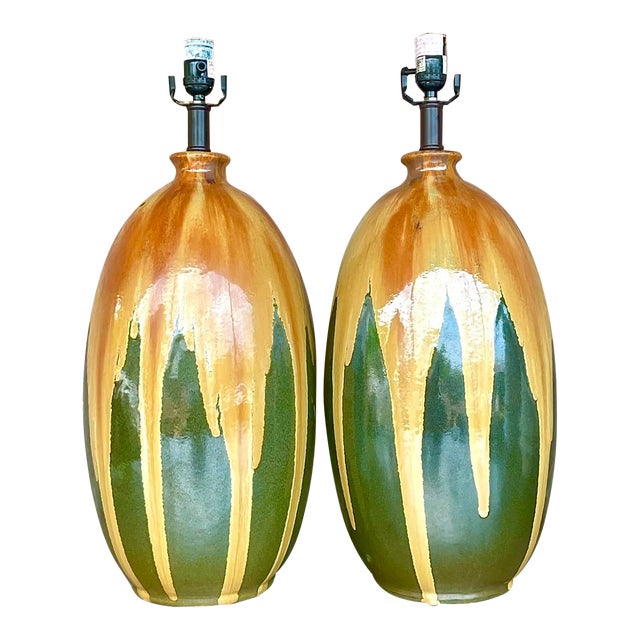 Vintage Boho Glazed Ceramic Flame Lamps - a Pair | Chairish