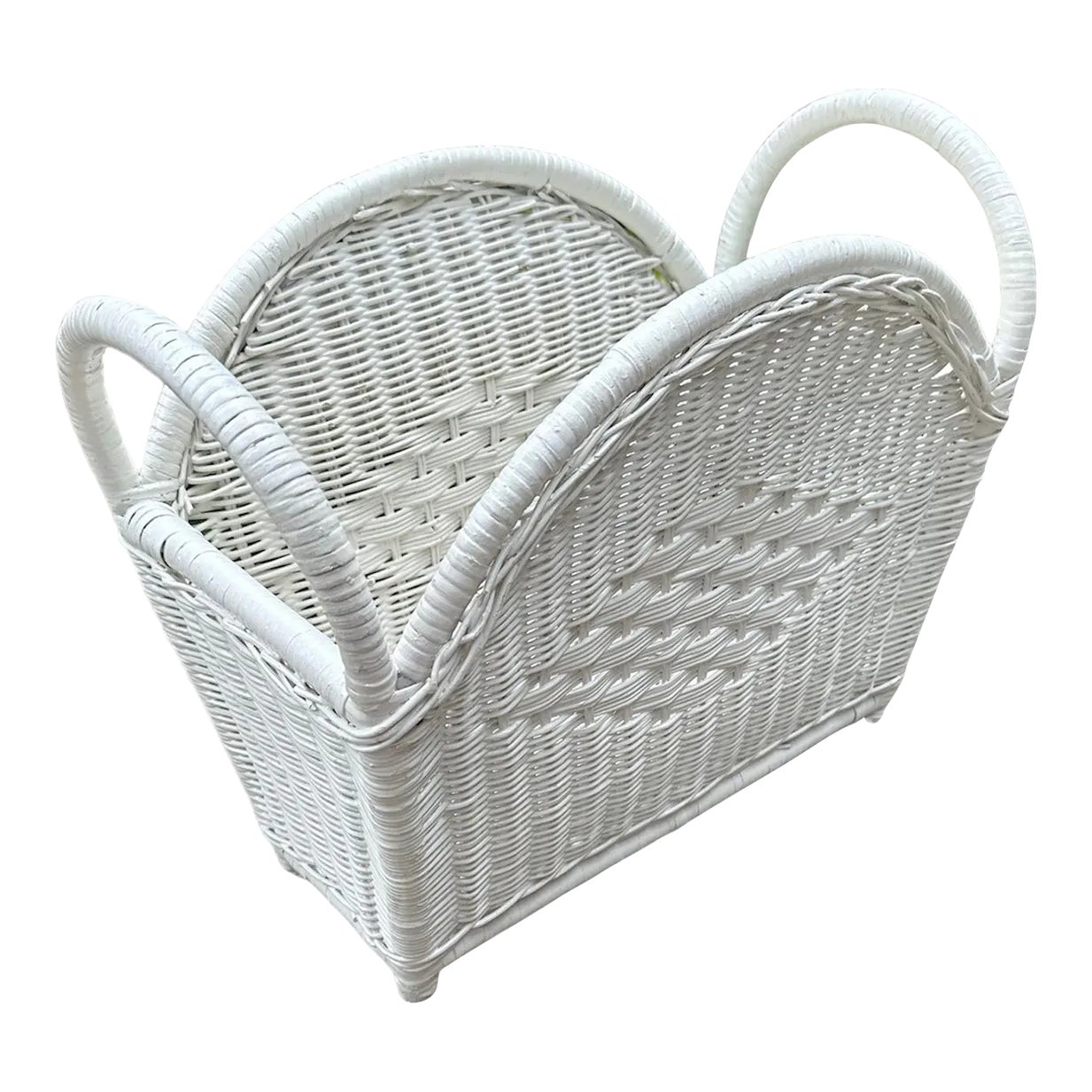 1970s Vintage Wicker White Magazine Holder Rack | Chairish