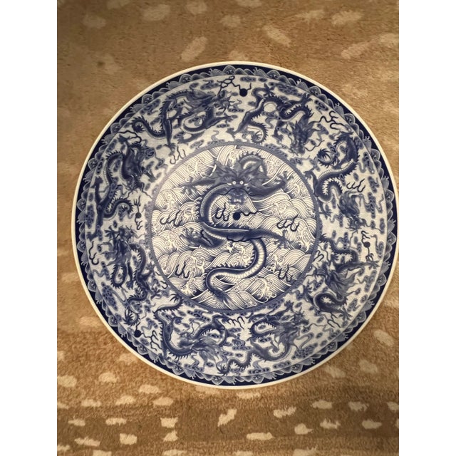 Large Chinese Blue & White Porcelain Dragon Dish | Chairish