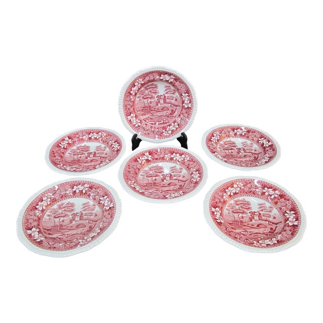 Spode England Red Pink Tower Shallow Bowl Dish Set of 6 | Chairish