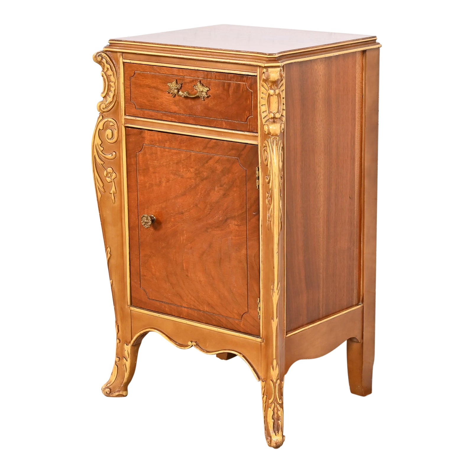 Antique French Provincial Louis XV Walnut and Parcel Painted Nightstand, Circa 1920s | Chairish